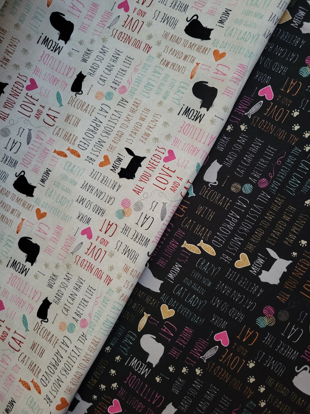 Purrfect Partners Cattitude Phrases on Black or Beige Cotton Fabric ...
