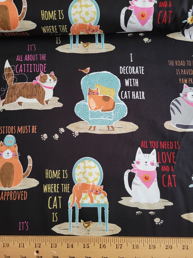 Purrfect Partners Cattitude on Black or Beige Cotton Fabric From ...
