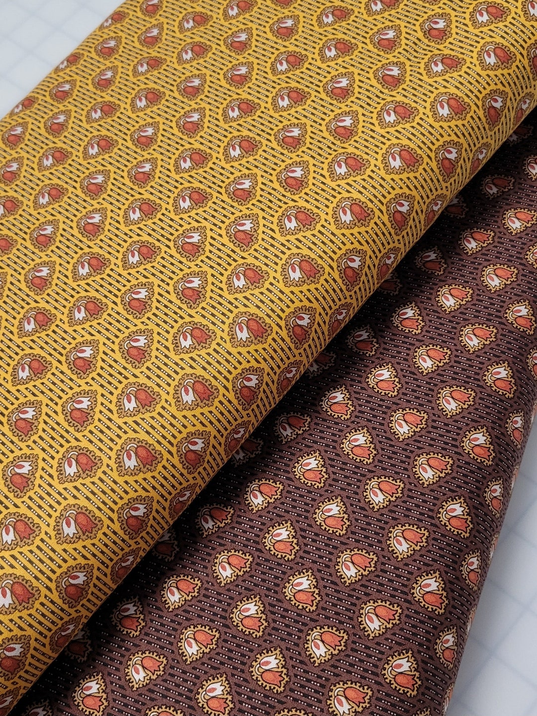 Reproduction Print Material Madders Double Bud in Gold or Brown Cotton ...