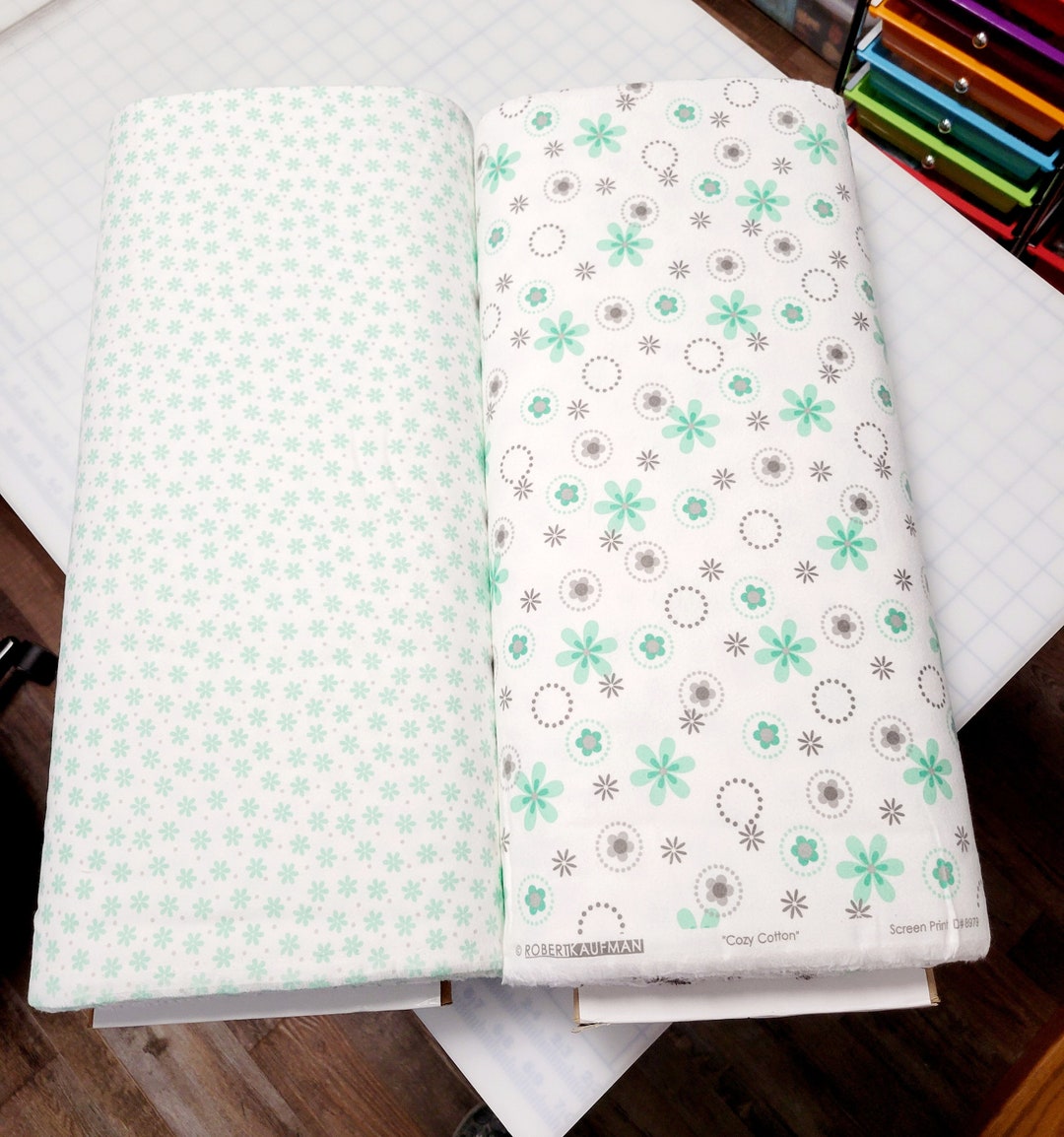 Mint/gray Flowers on Bright White Cozy Cotton FLANNEL by Robert Kaufman ...