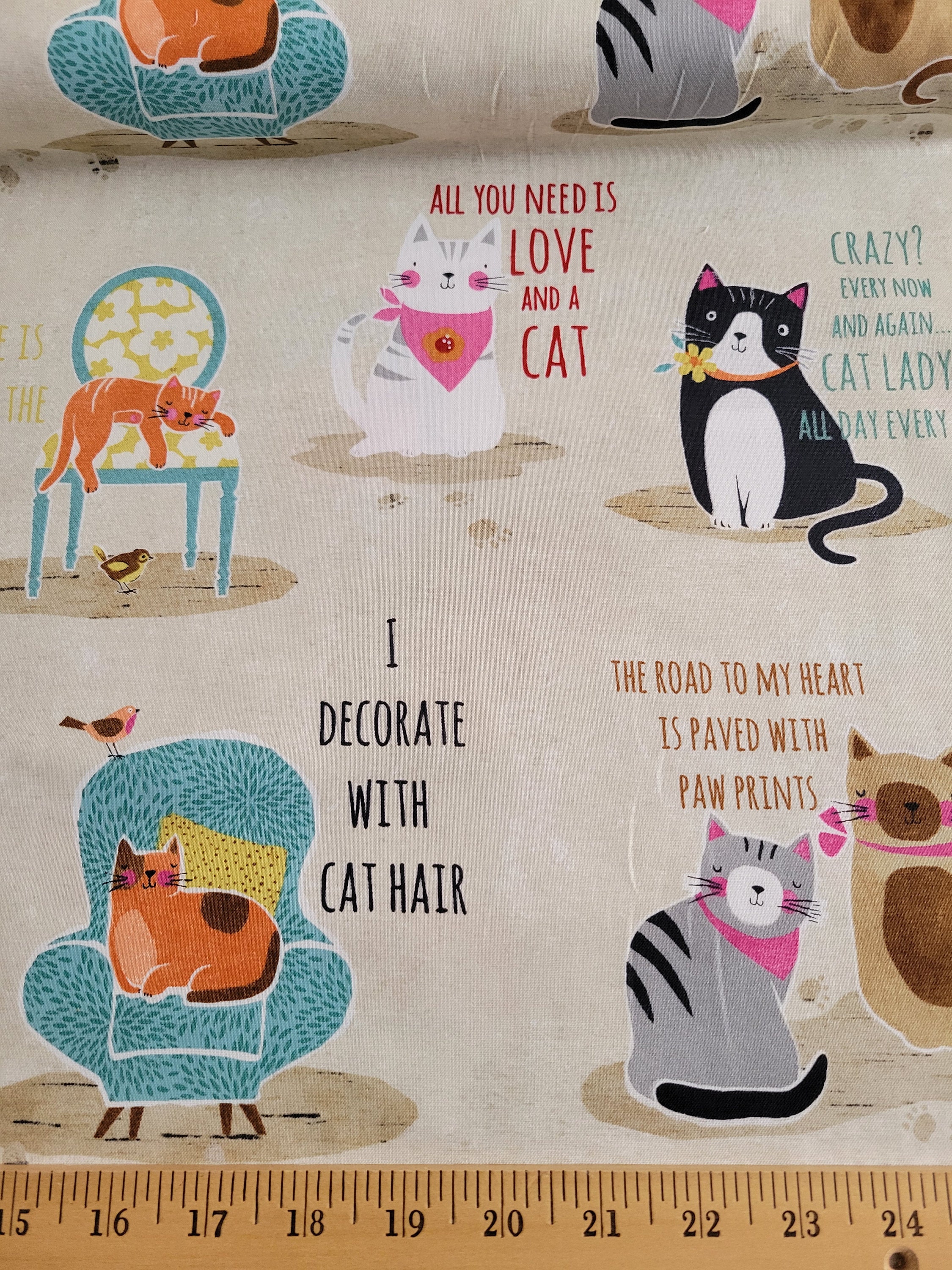 Purrfect Partners Cattitude on Black or Beige Cotton Fabric From ...