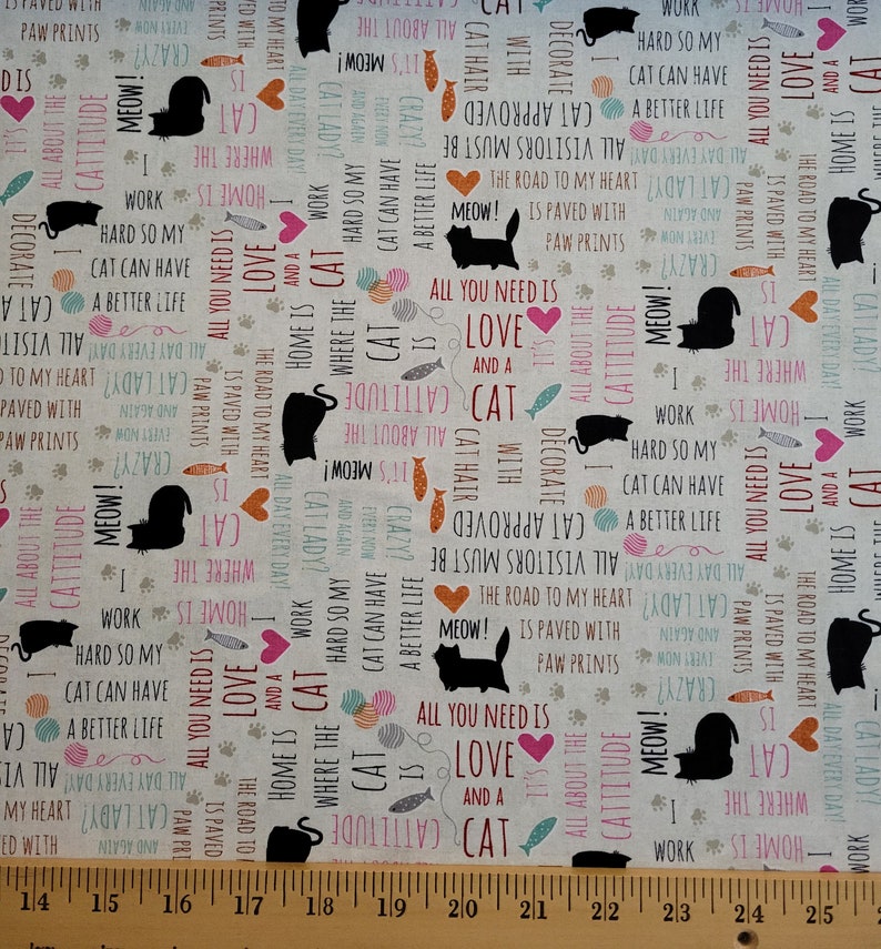 Purrfect Partners Cattitude Phrases on Black or Beige Cotton Fabric ...