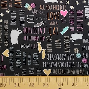 Purrfect Partners Cattitude Phrases on Black or Beige Cotton Fabric ...