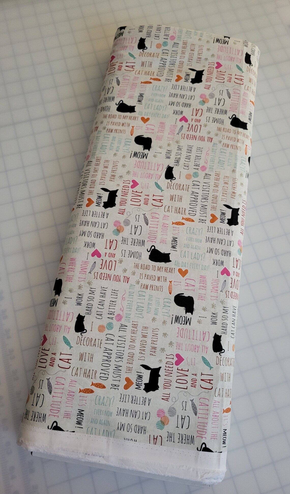 Purrfect Partners Cattitude Phrases on Black or Beige Cotton Fabric ...