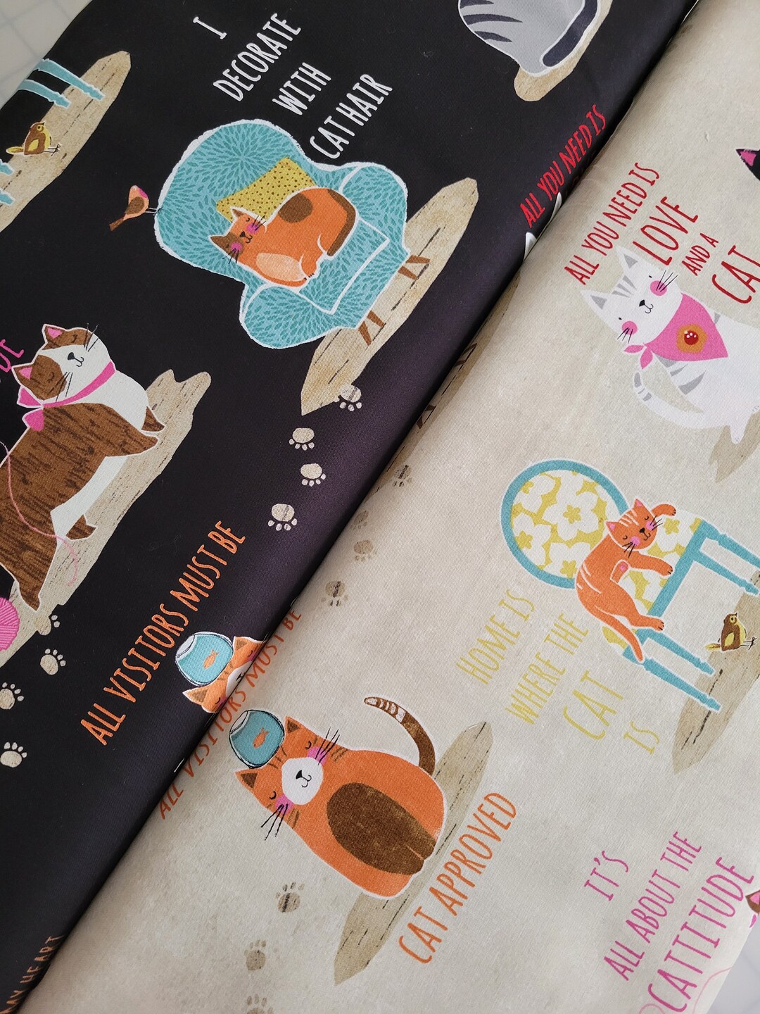 Purrfect Partners Cattitude on Black or Beige Cotton Fabric From ...