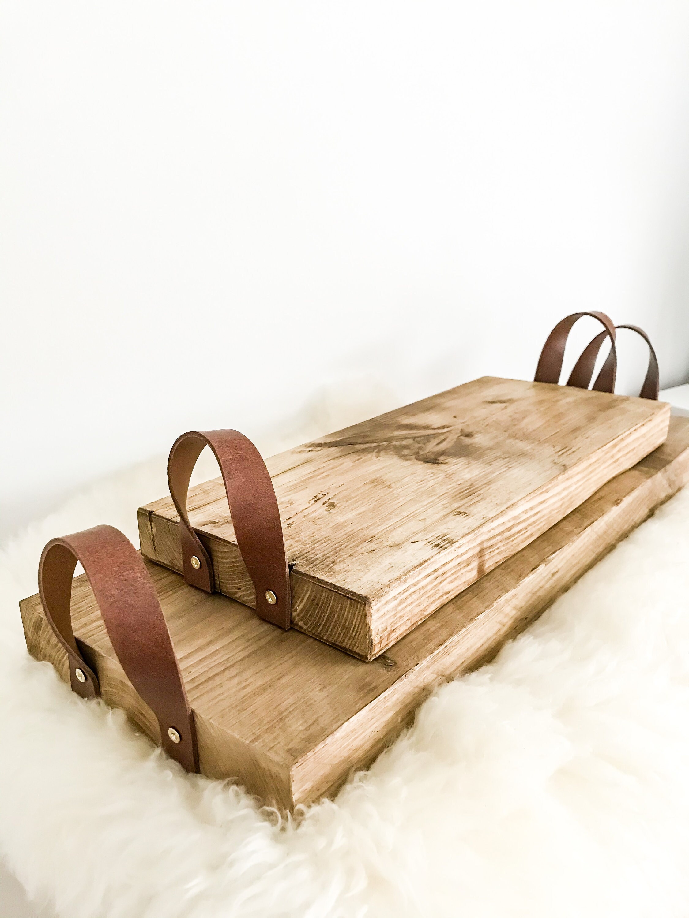 Set of 2 Rustic Wooden Board Trays with Leather Handles | Etsy