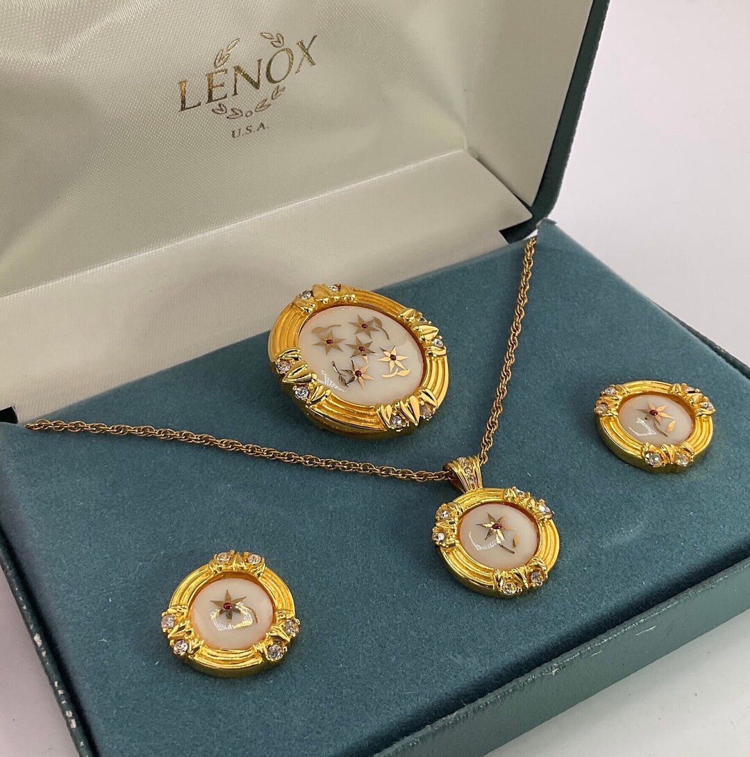 Lenox 24K GP Porcelain Jewelry Set Original Box Brooch - Etsy
