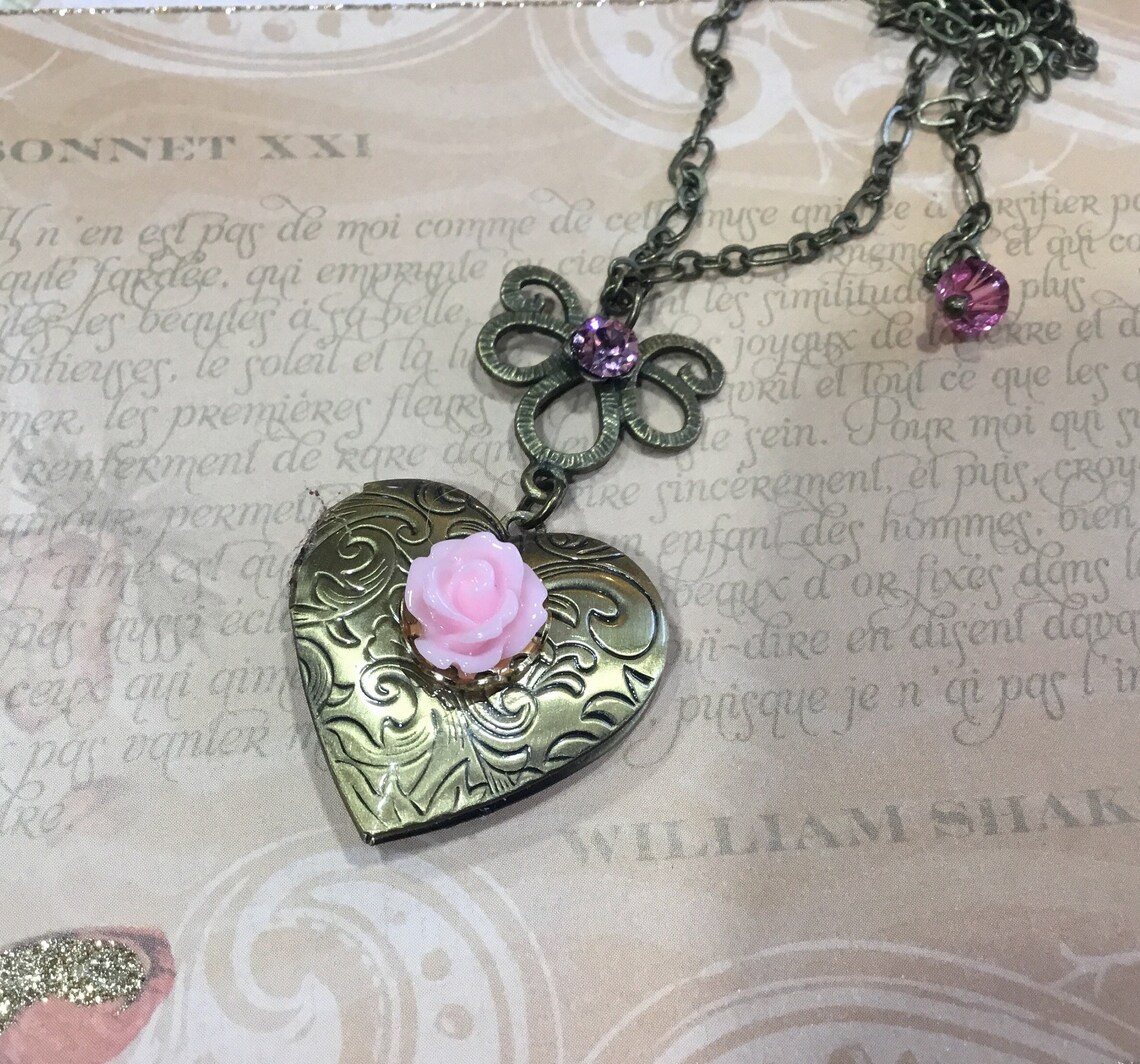 Pink Rose Locket Heart Shaped Locket Pink Swarovski | Etsy