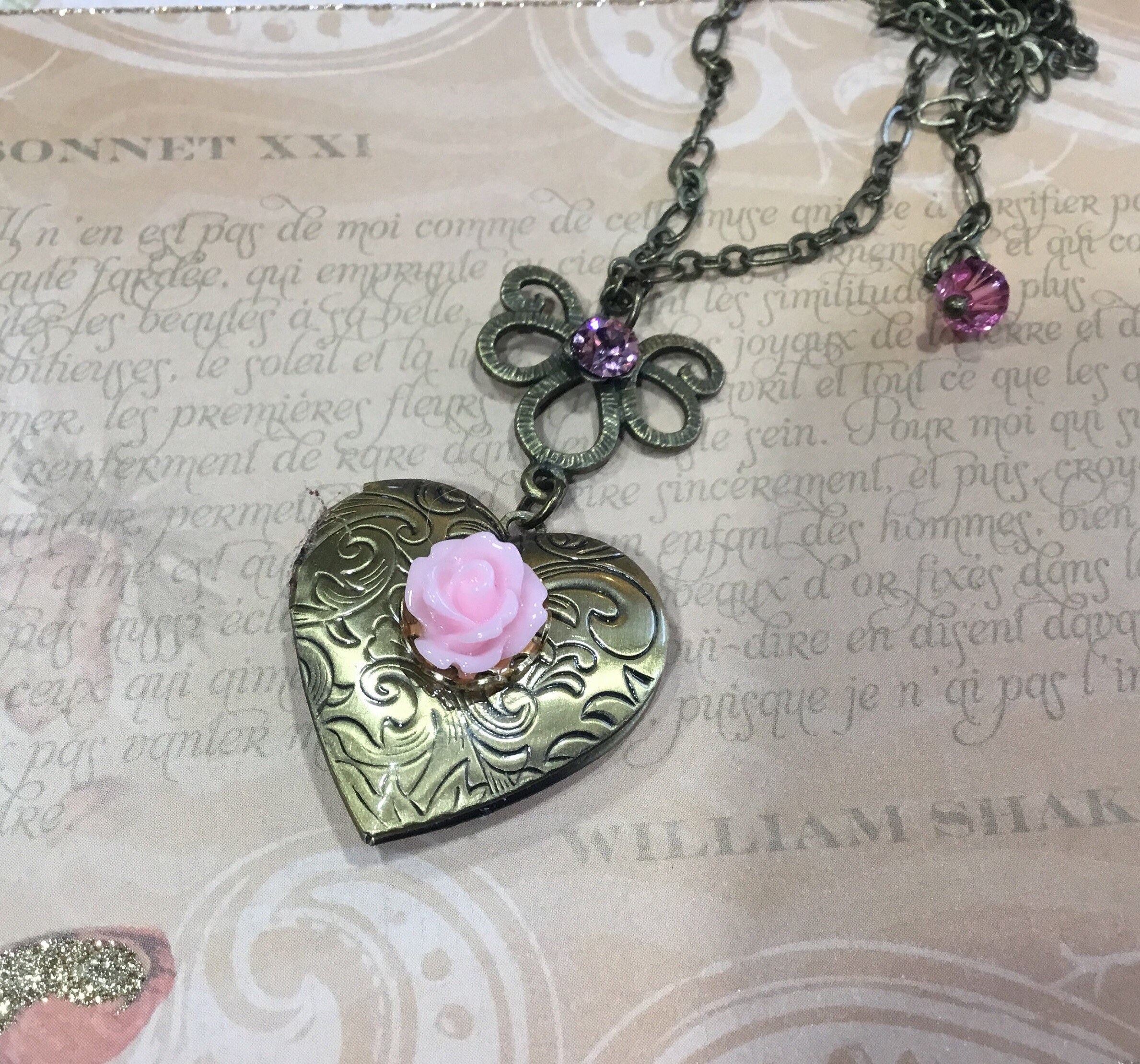 Pink Rose Locket Heart Shaped Locket Pink Swarovski | Etsy