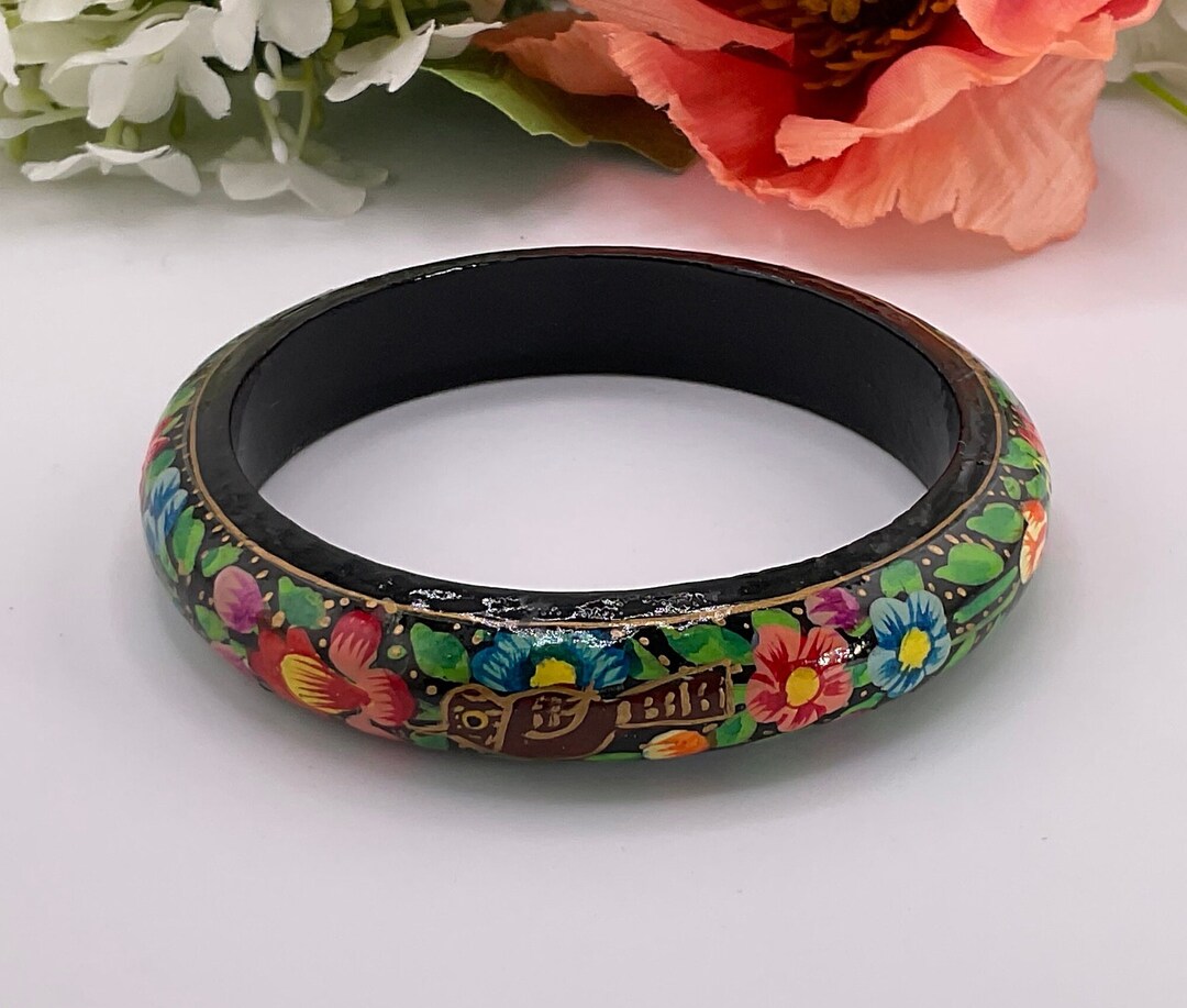 Vintage Russian Painted Black Lacquer Bangle Bracelet Folk - Etsy