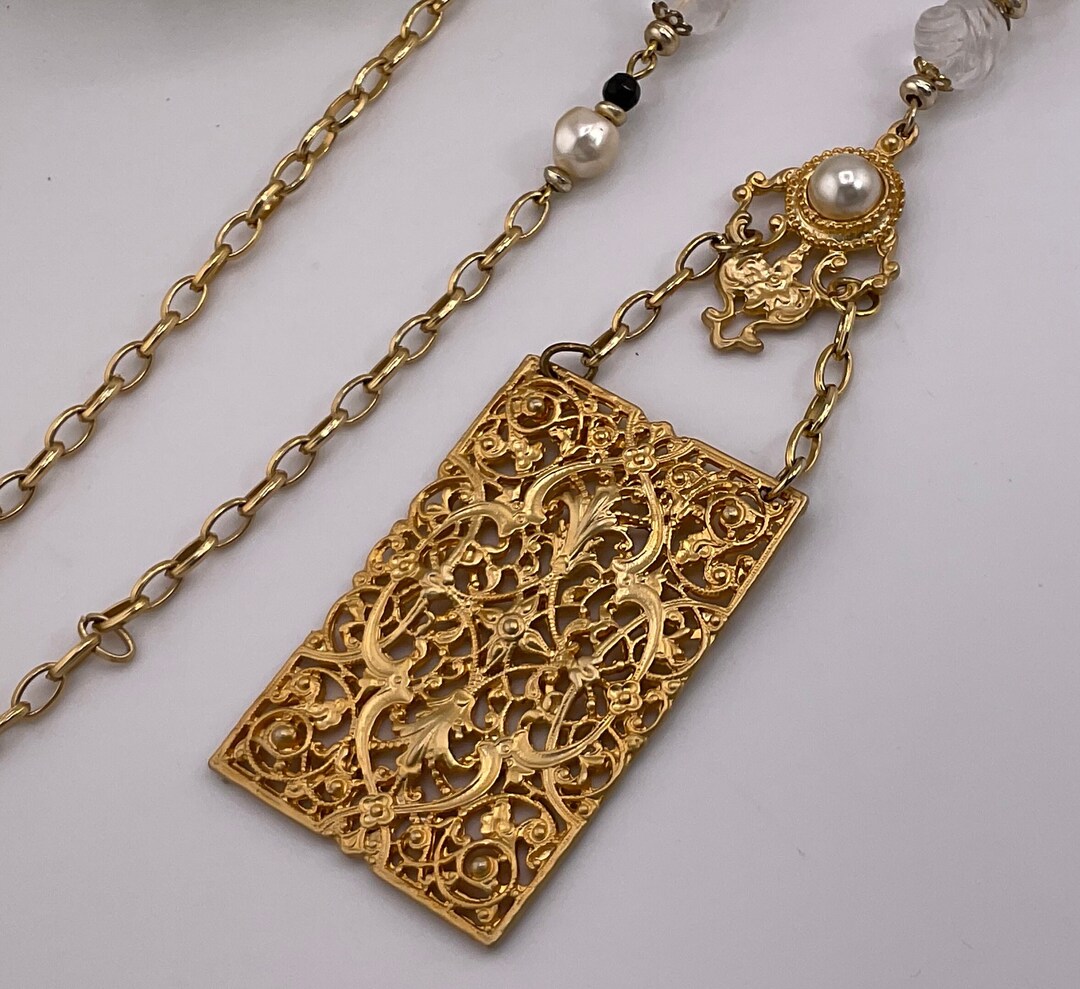 Baroque Gold Filigree Rectangular Pendant Long Gold Tone - Etsy
