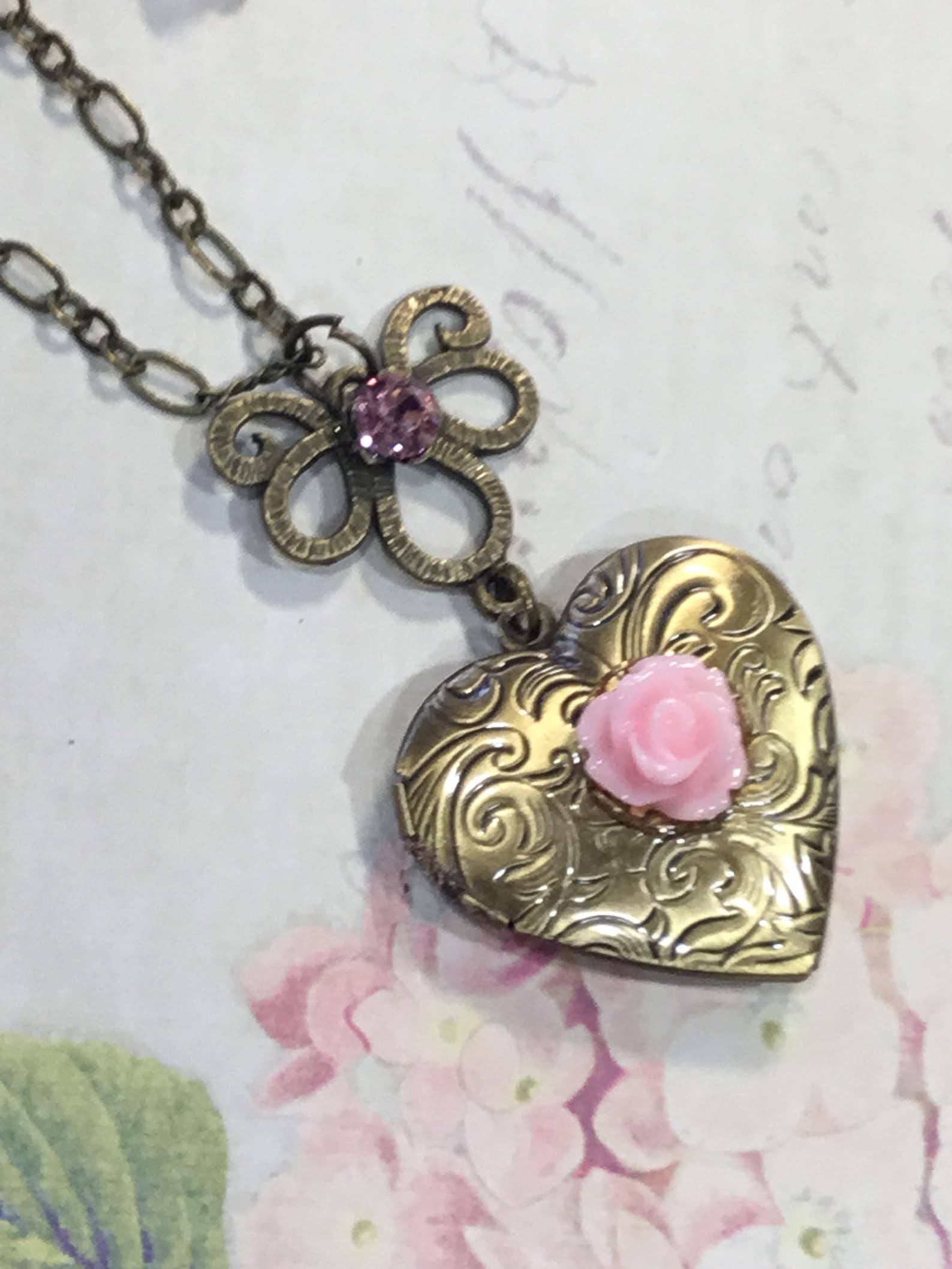 Pink Rose Locket Heart Shaped Locket Pink Swarovski | Etsy