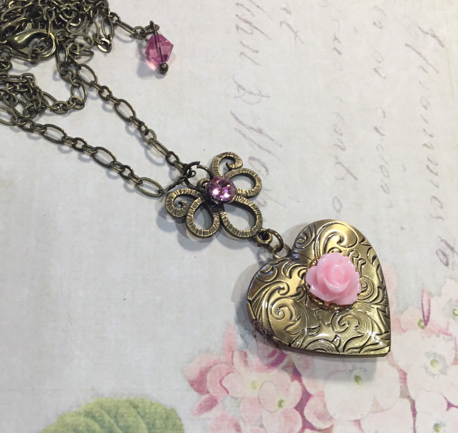 Pink Rose Locket Heart Shaped Locket Pink Swarovski | Etsy