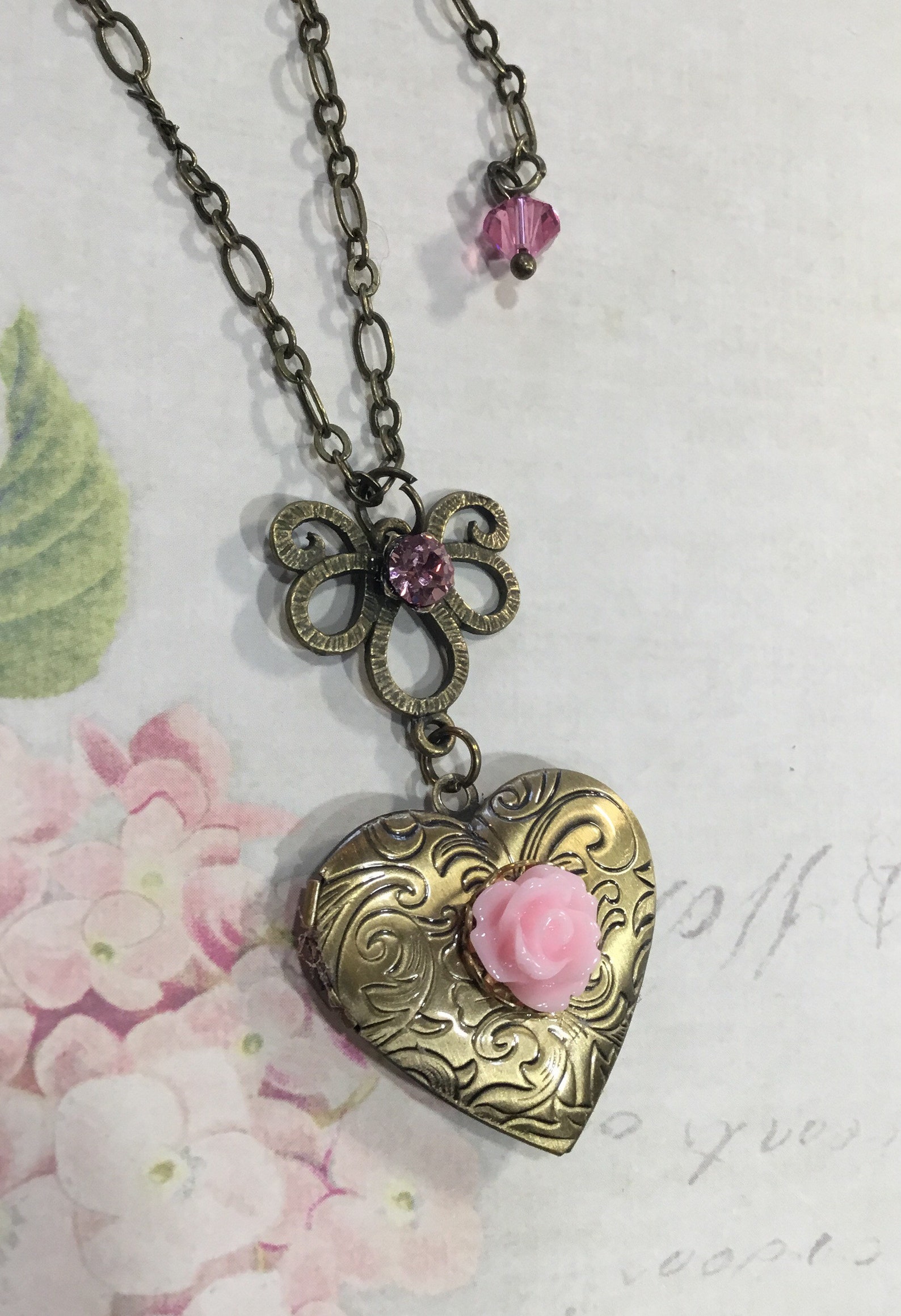 Pink Rose Locket Heart Shaped Locket Pink Swarovski | Etsy