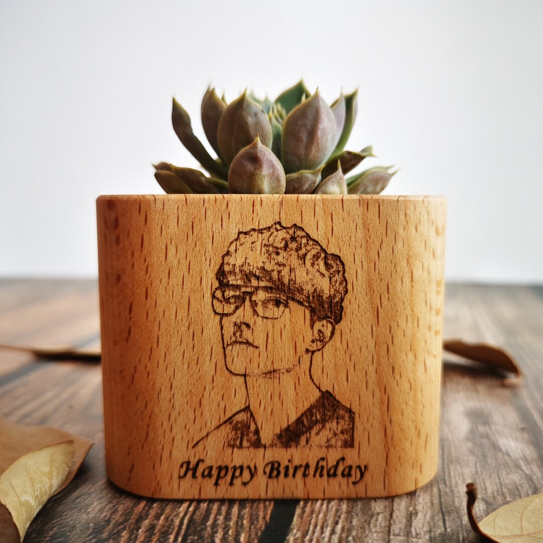 Personalized Wood Plant Pot Engraved Photo Custom Wood Flower Box ...