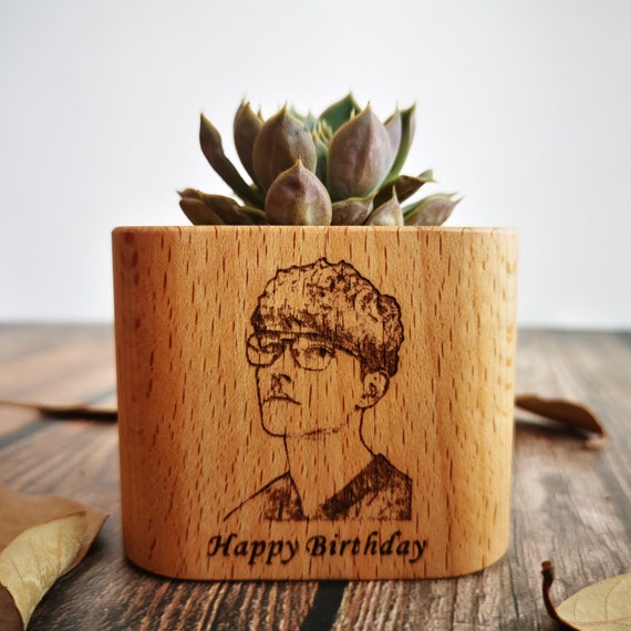 Personalized Wood Plant Pot Engraved Photo Custom Wood Flower | Etsy
