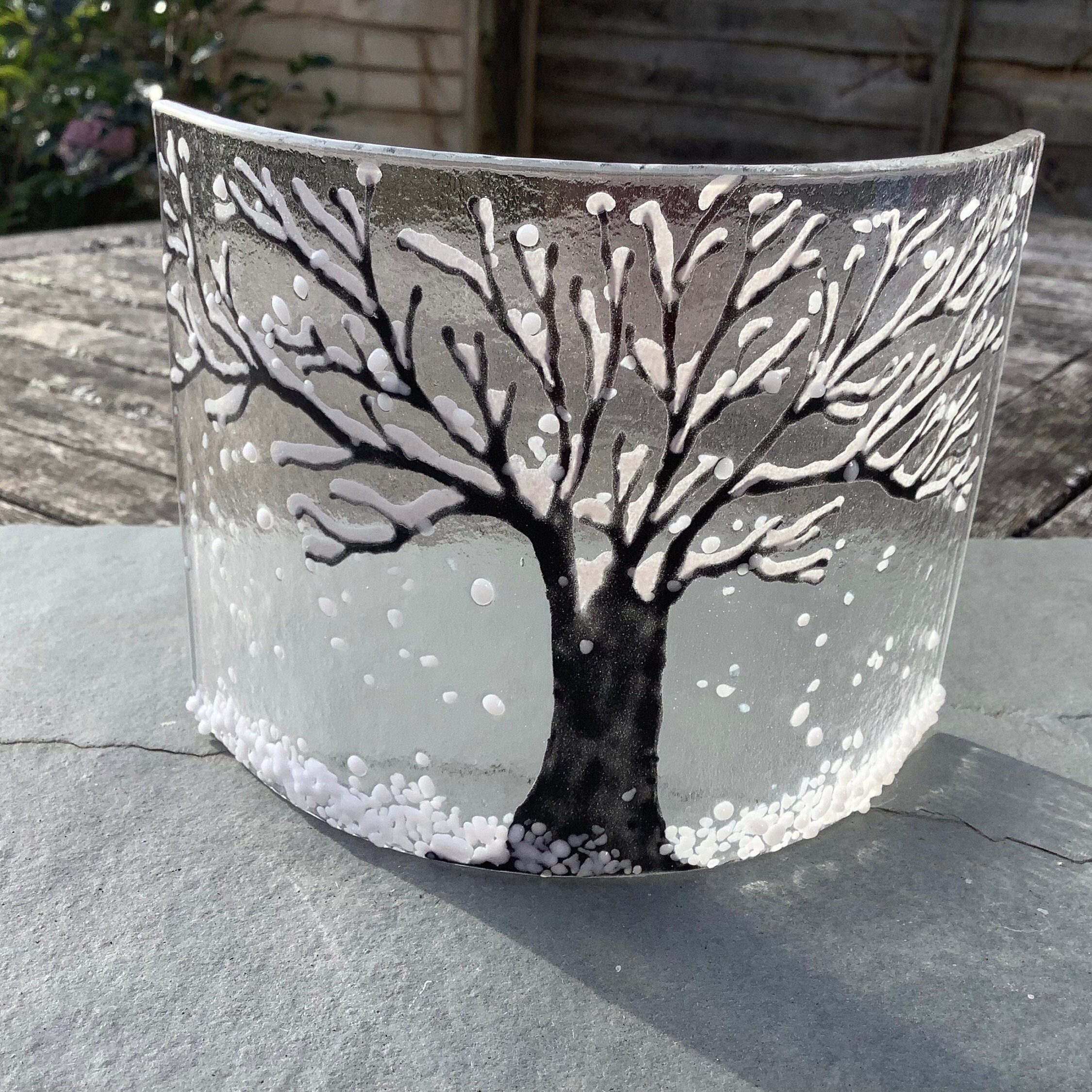 Fused Glass Winter Tree Candle Screen | Etsy