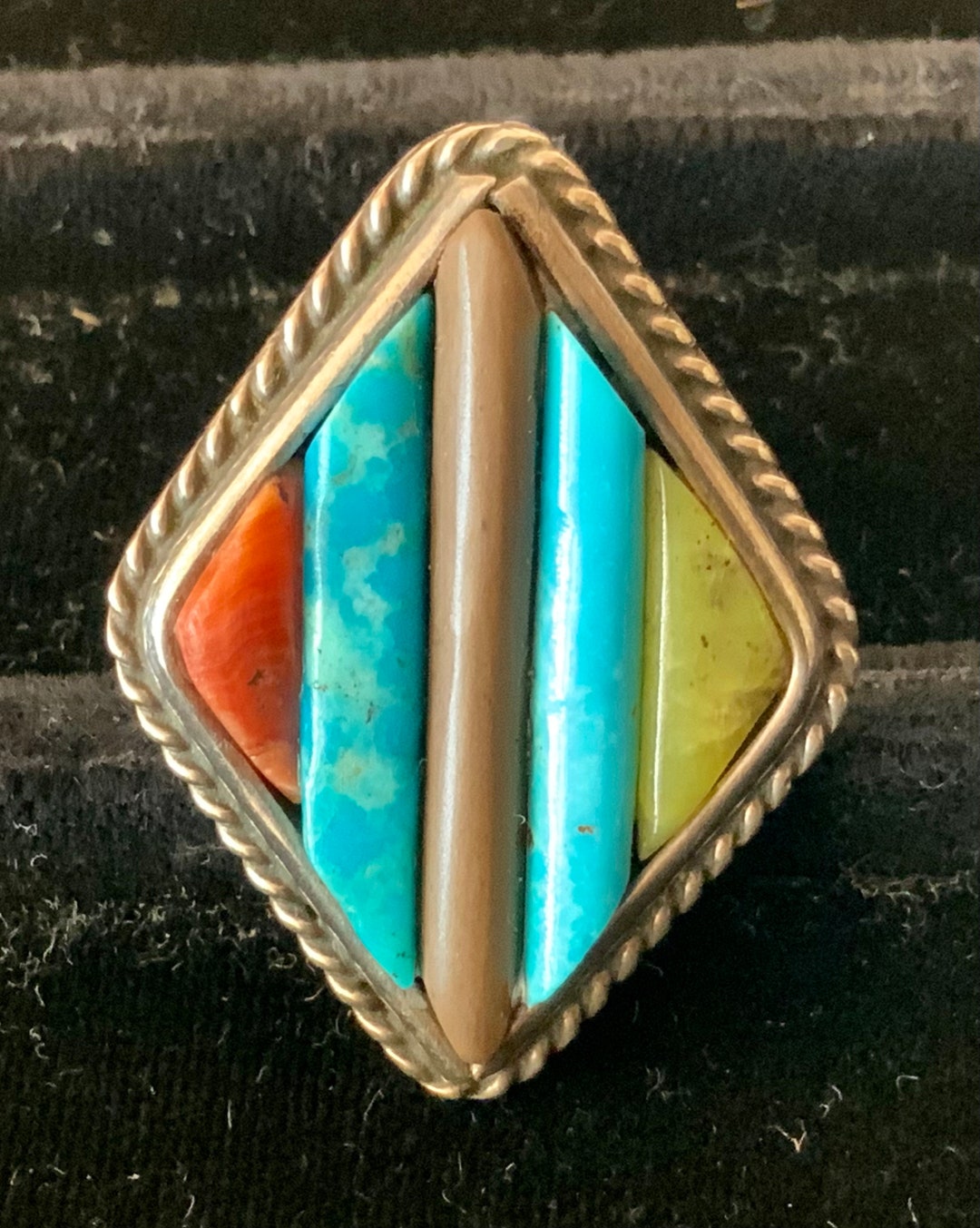 Cornrow Multi Color Ring. Coral, Turquoise, Jade, River Rock Vintage ...