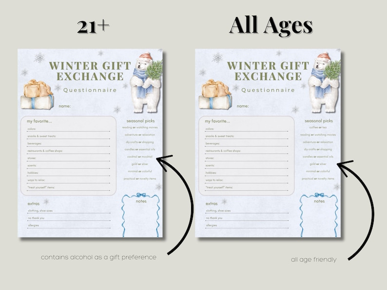 Gift Exchange Printable Questionnaire | Whimsical Cozy Winter Christmas ...