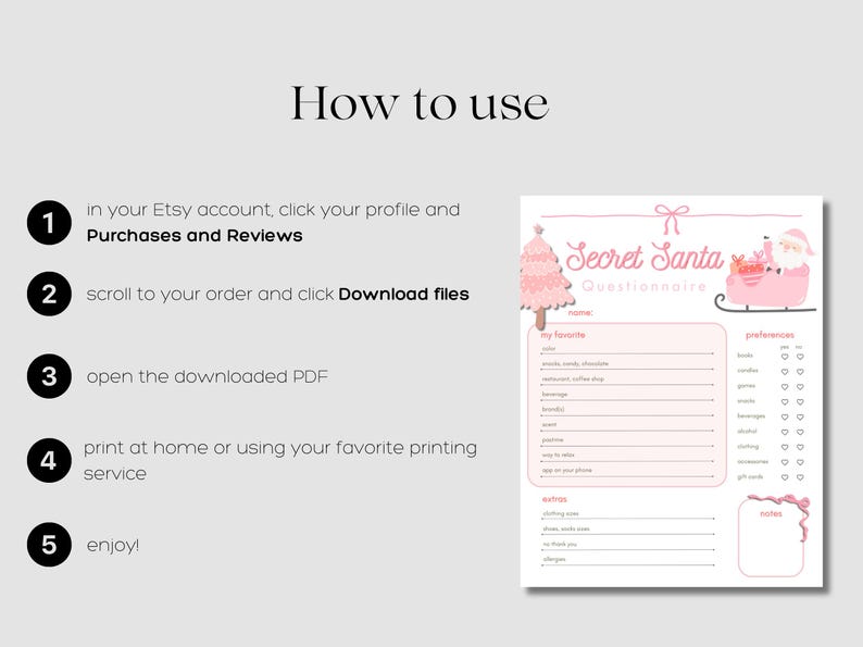 Secret Santa Printable Questionnaire Pink Girlie Christmas, Coworker ...