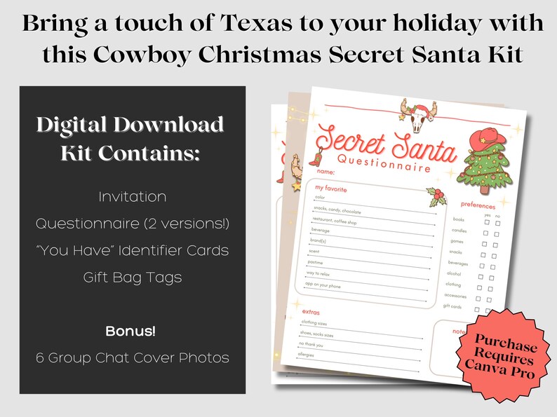 Cowboy Christmas Secret Santa Kit – Editable Invitation, Gift Tags ...