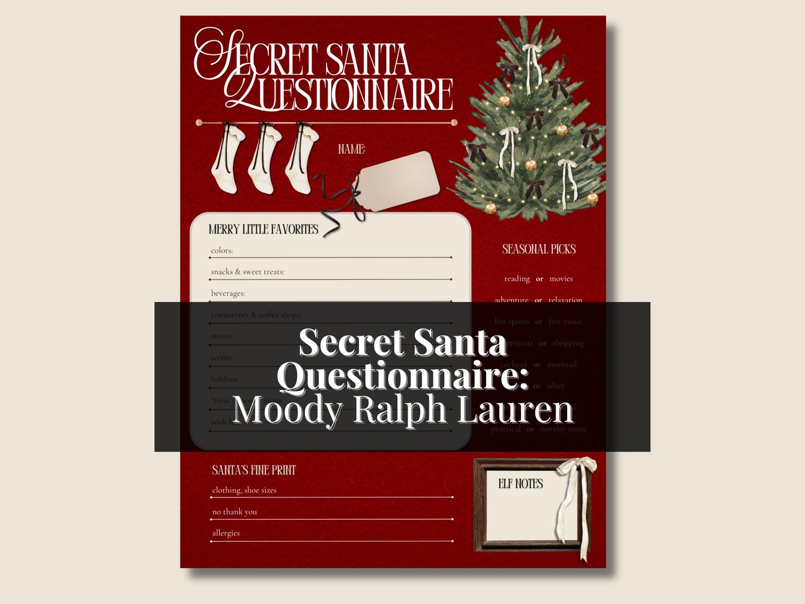 Secret Santa Printable Questionnaire | Ralph Lauren Inspired Christmas ...