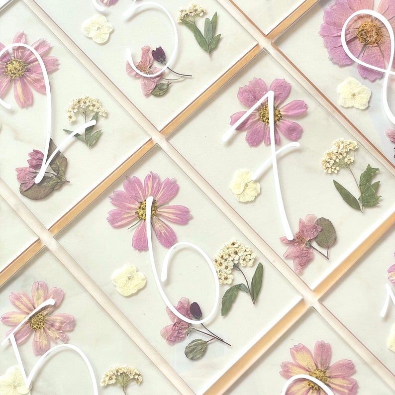 Pressed Flower Acrylic Table Numbers - Custom Wedding Signage in Gold ...