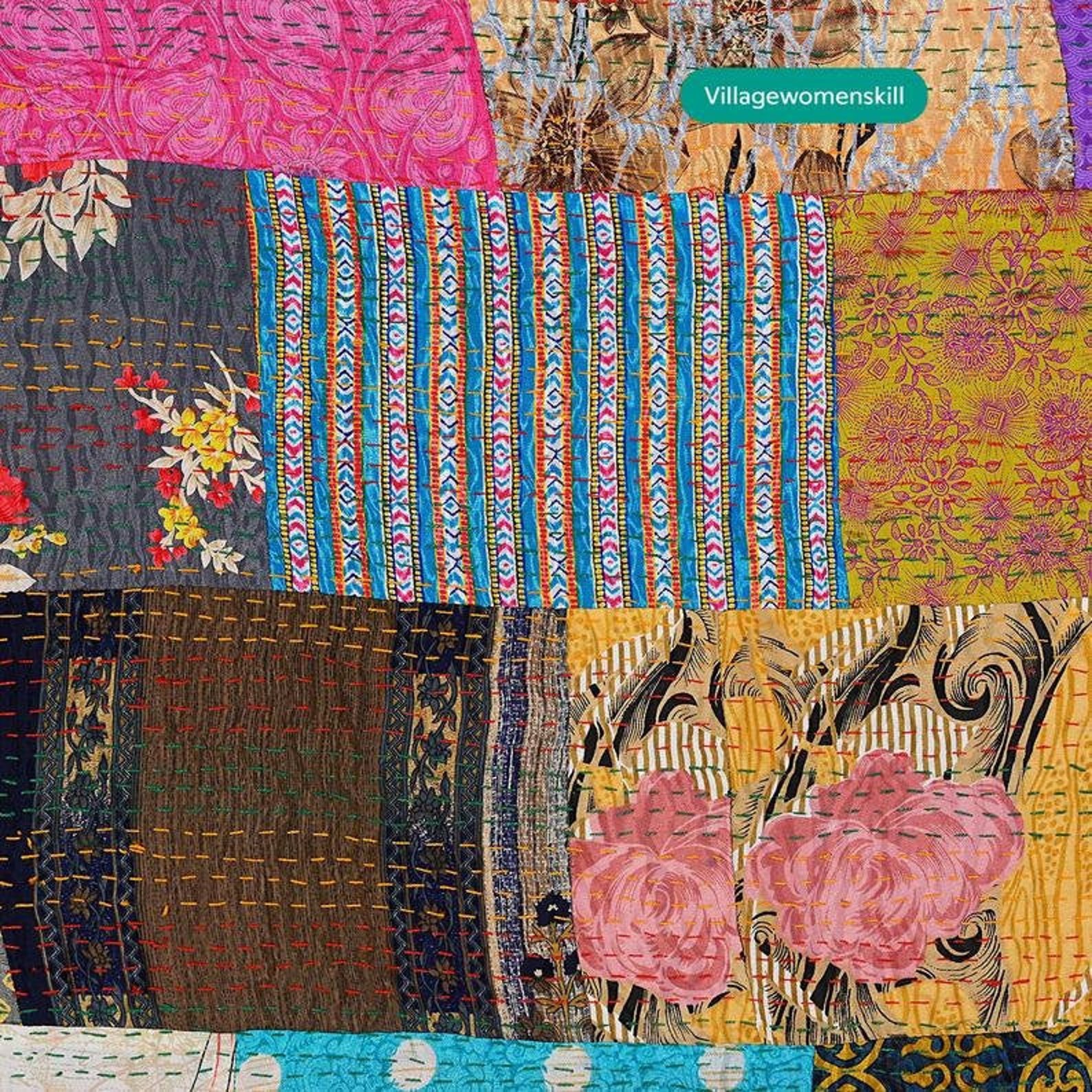 Bohemian Silk Patchwork Quilt Kantha Quilt Handmade Vintage - Etsy