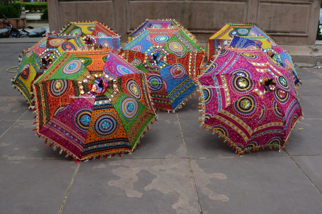 Set of 5 Pc Decorative Cotton Umbrella Embroidered Indian Parasol ...
