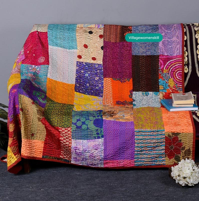 Bohemian Silk Patchwork Quilt Kantha Quilt Handmade Vintage - Etsy