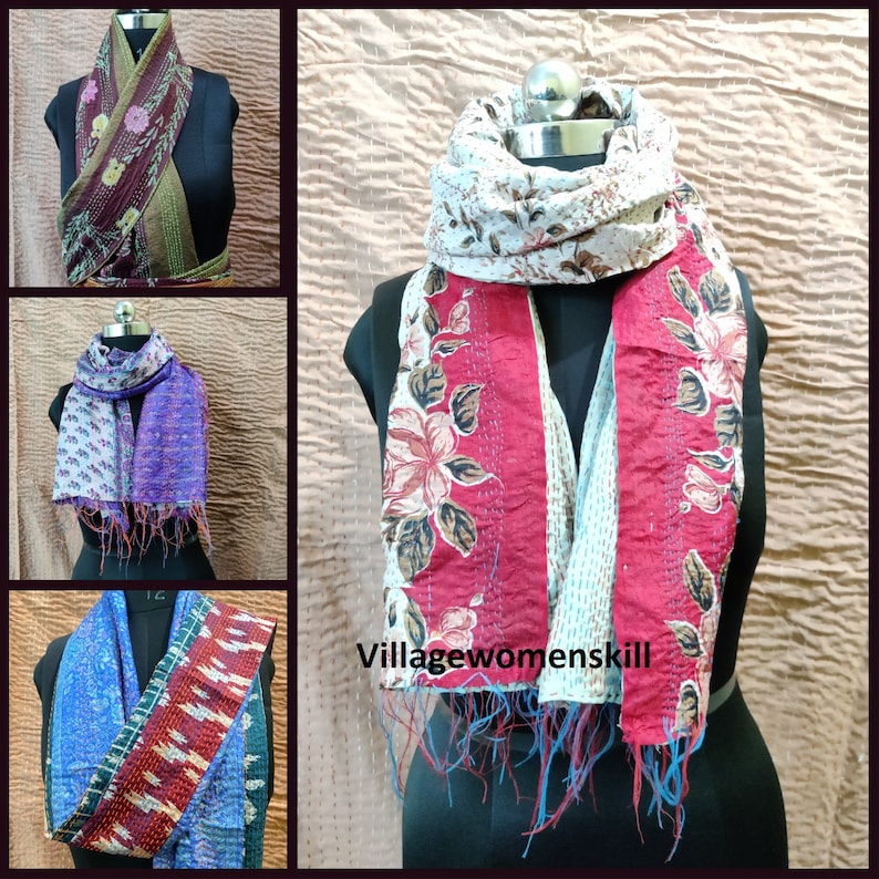 Reversible Silk Kantha Scarf, Vintage Indian Shawl, Boho Wrap - Etsy