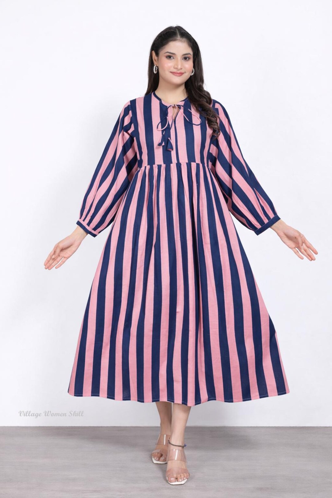 Blue Striped Cotton Long Dress With Strings Closer Neck Summer Clothes ...