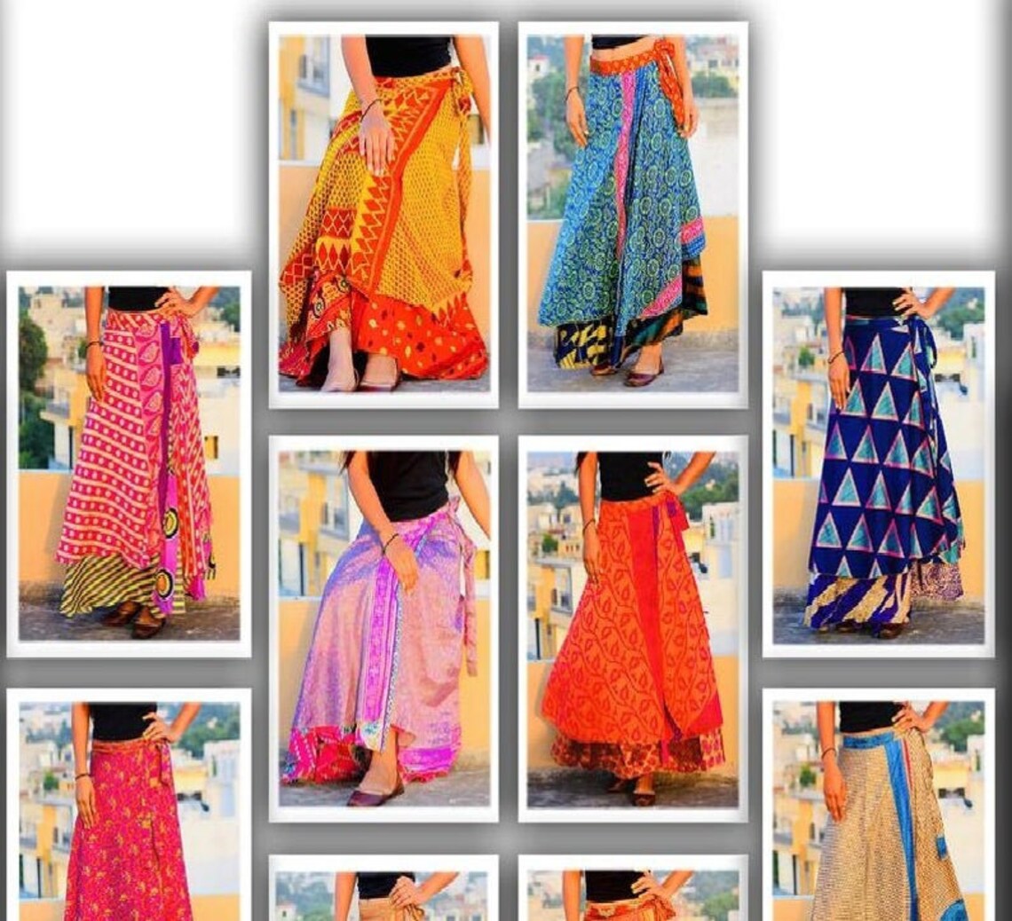 Bohemian Vintage Art Silk Sari Skirt Women's Magic Wrap | Etsy