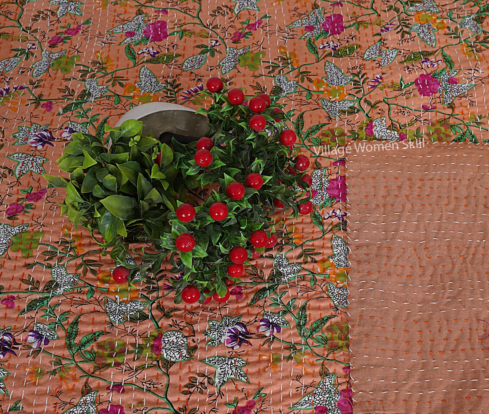 Cotton Kantha Quilts Indian Handmade Reversible Queen Paradise Floral ...