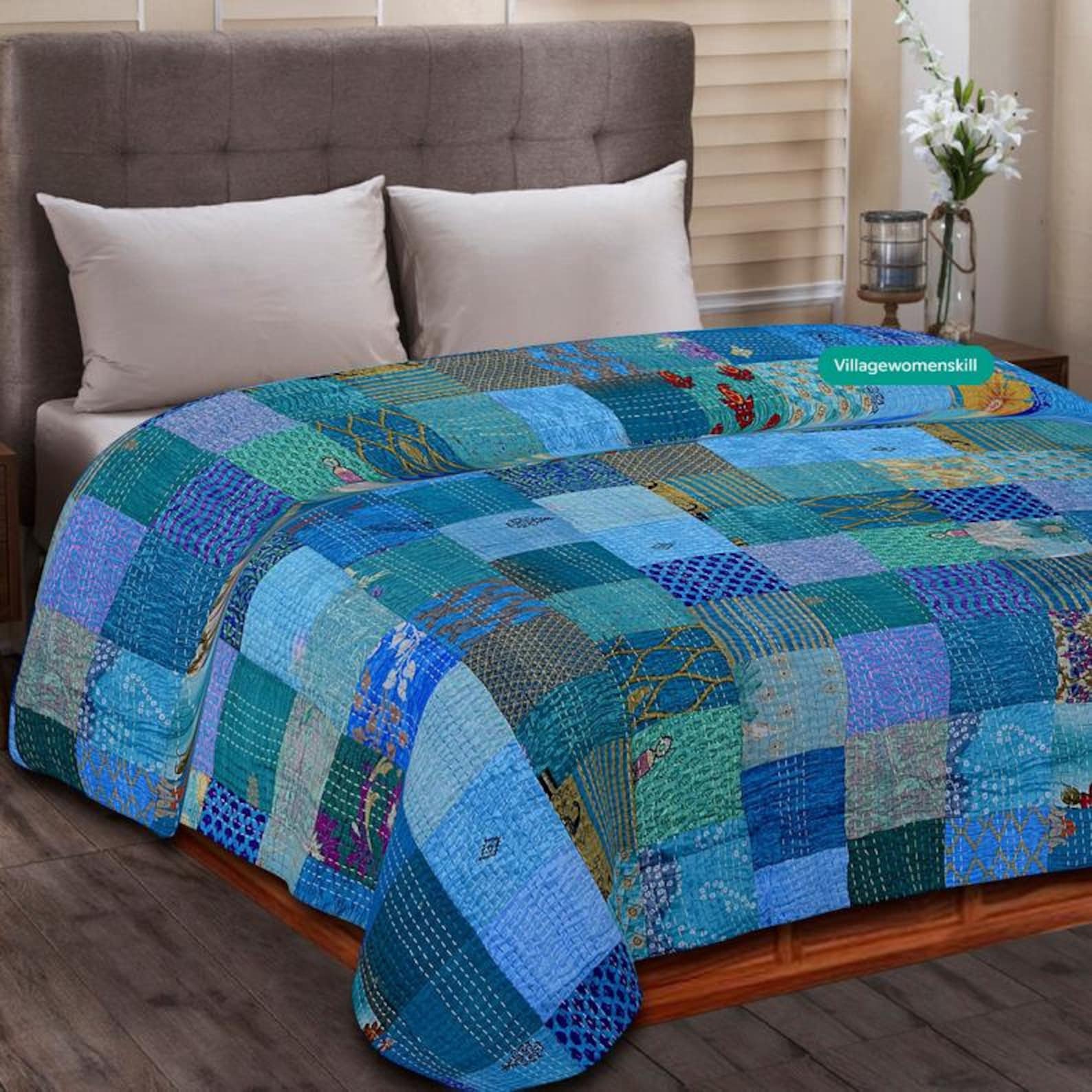Indian Kantha Patchwork Silk Bedspread Quilts Bedding - Etsy