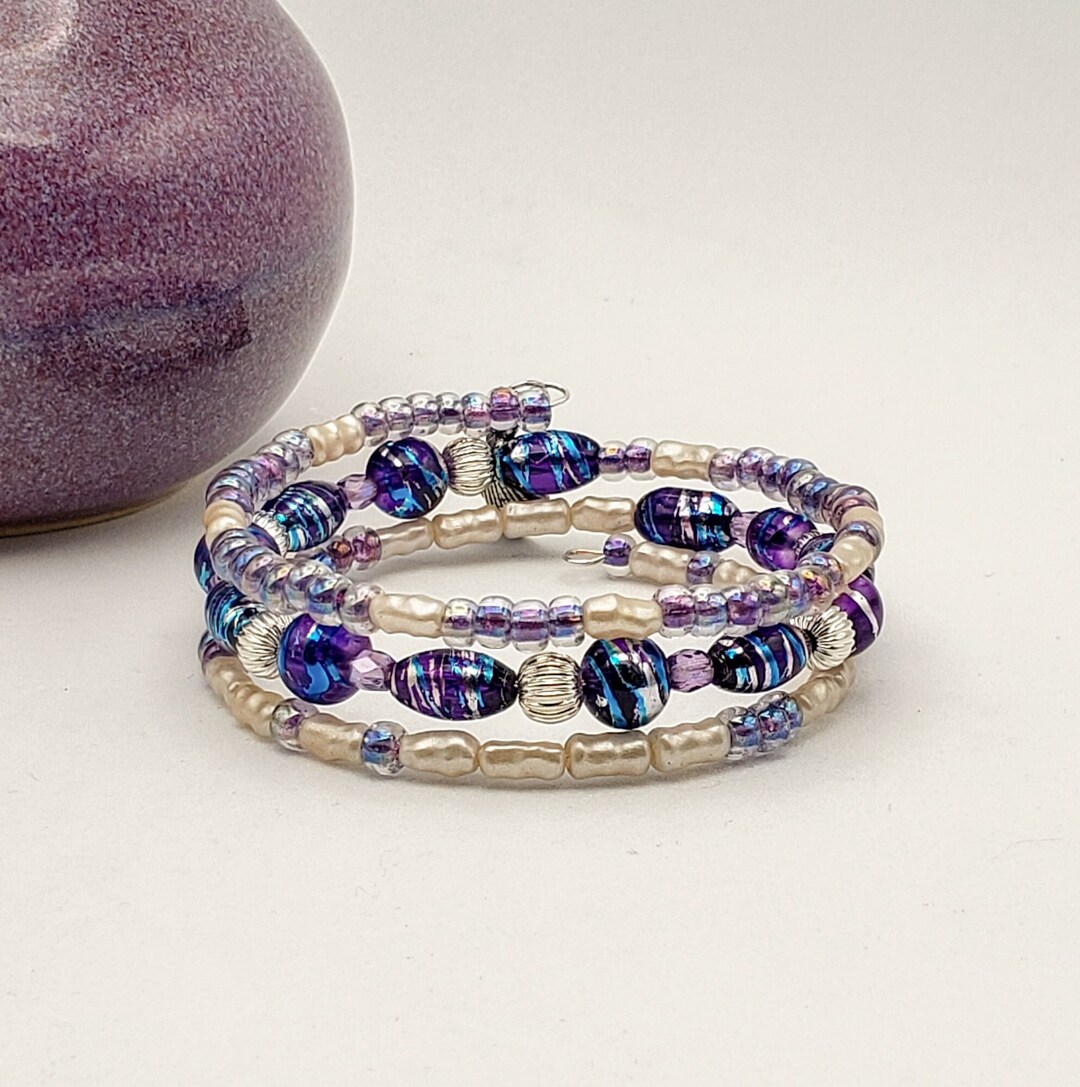Memory Wire Bracelet, Three Strand Beaded Coil Wrap Bead Bracelet, Easy ...