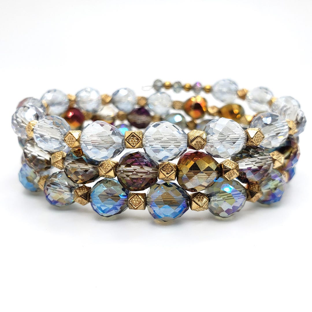 Iridescent Wrap Bracelet, Multi-strand Memory Wire With Gold Cube ...