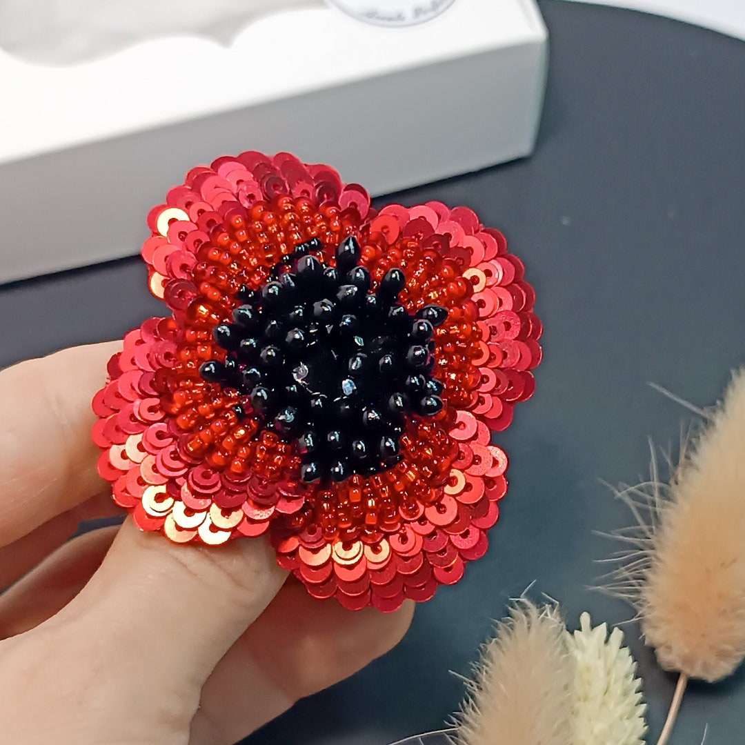 Elegant Poppy Blossom Beaded Brooch Pin, Handmade Poppy Flower ...