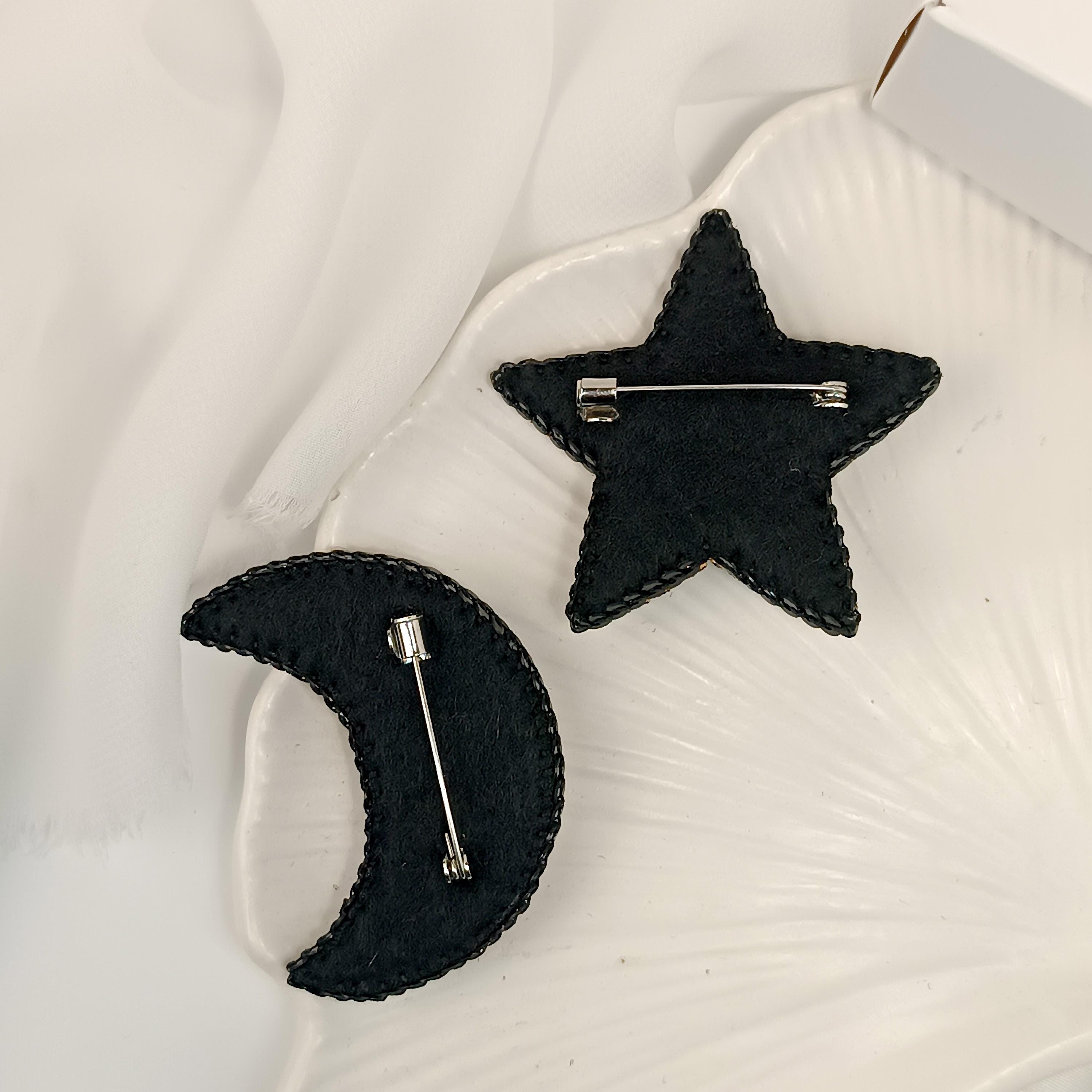 Handmade Beaded Star and Moon Brooches, Embroidered Celestial Space ...