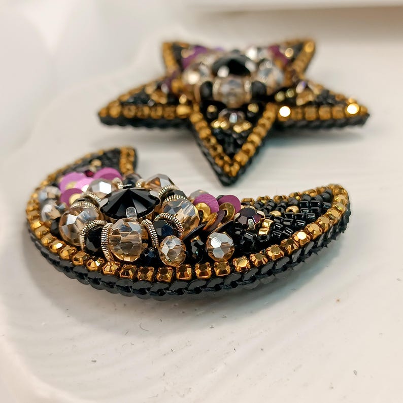 Handmade Beaded Star and Moon Brooches, Embroidered Celestial Space ...