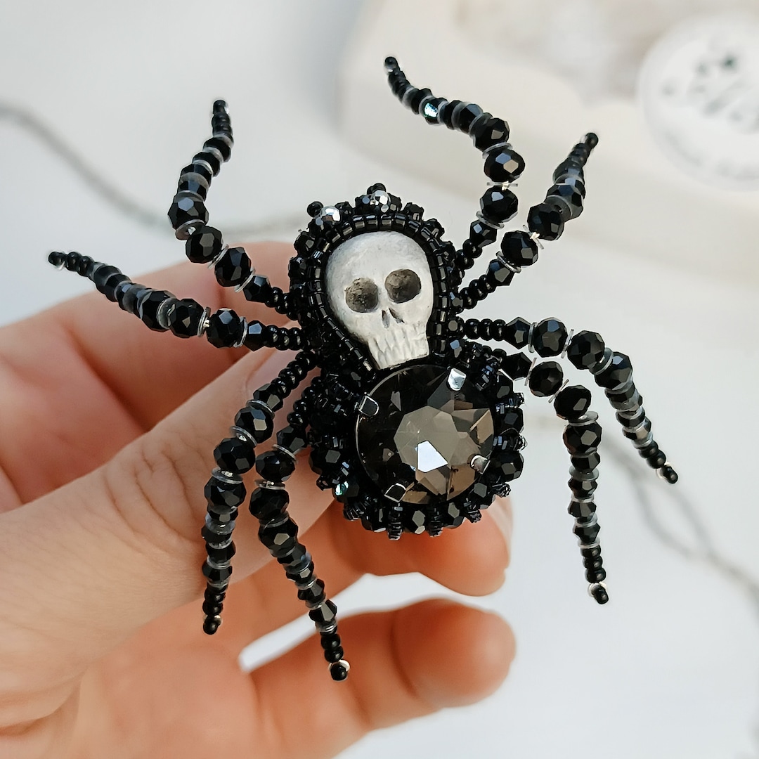 Black Spider Brooch, Brooch With Skull, Handmade Large Spider, Unique ...