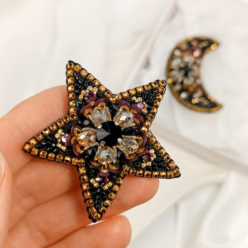 Handmade Beaded Star and Moon Brooches, Embroidered Celestial Space ...