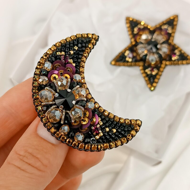 Handmade Beaded Star and Moon Brooches, Embroidered Celestial Space ...