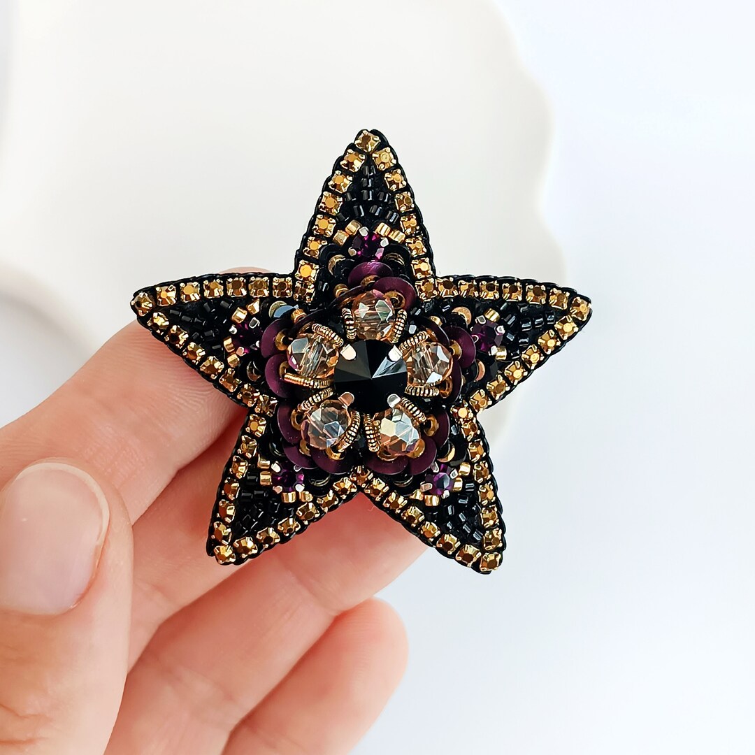 Handmade Star Brooch, Embroidered Celestial Brooch, Black Star Jewelry ...