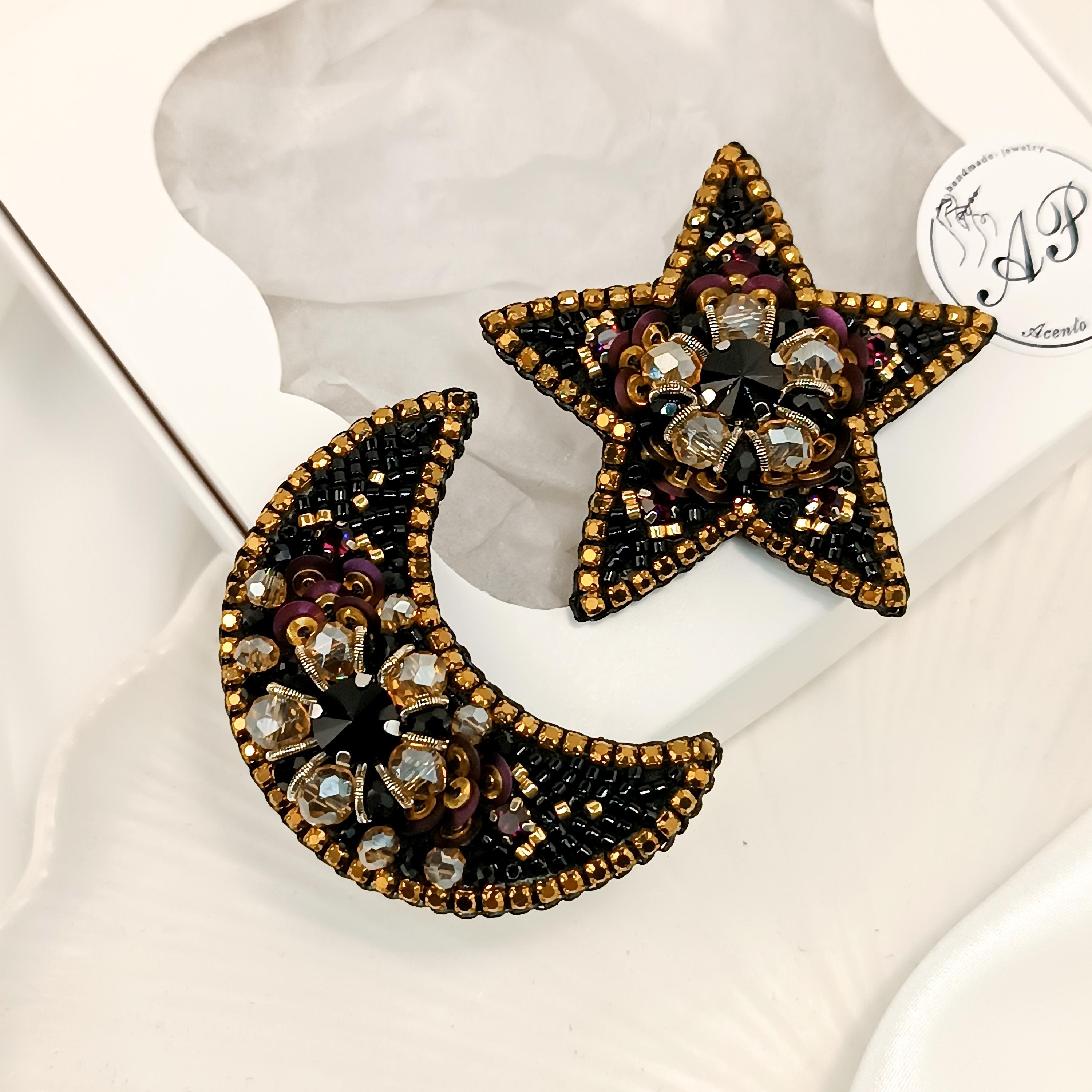 Handmade Beaded Star and Moon Brooches, Embroidered Celestial Space ...