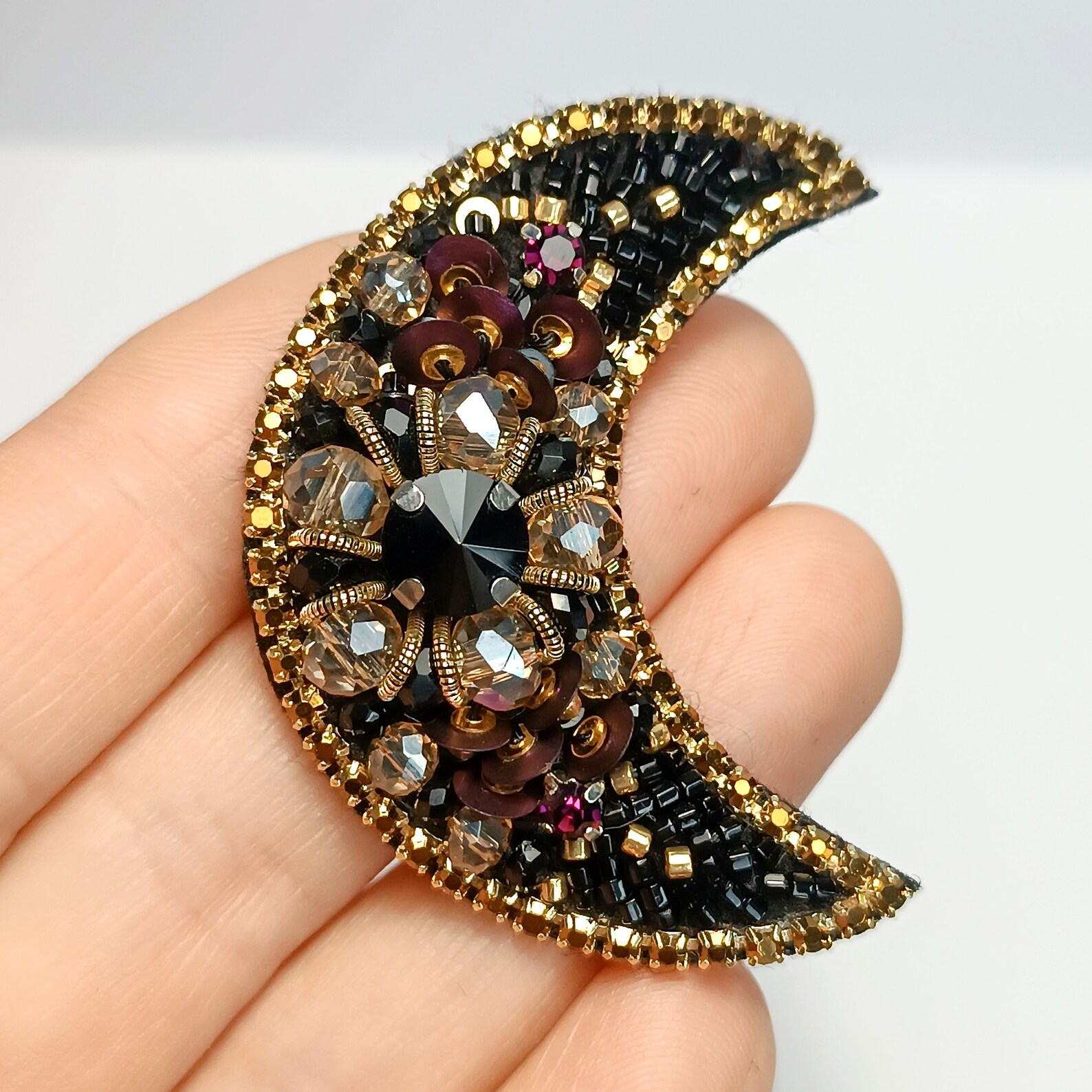 Embroidered Moon Brooch, Handmade Celestial Jewelry, Unique Beaded ...