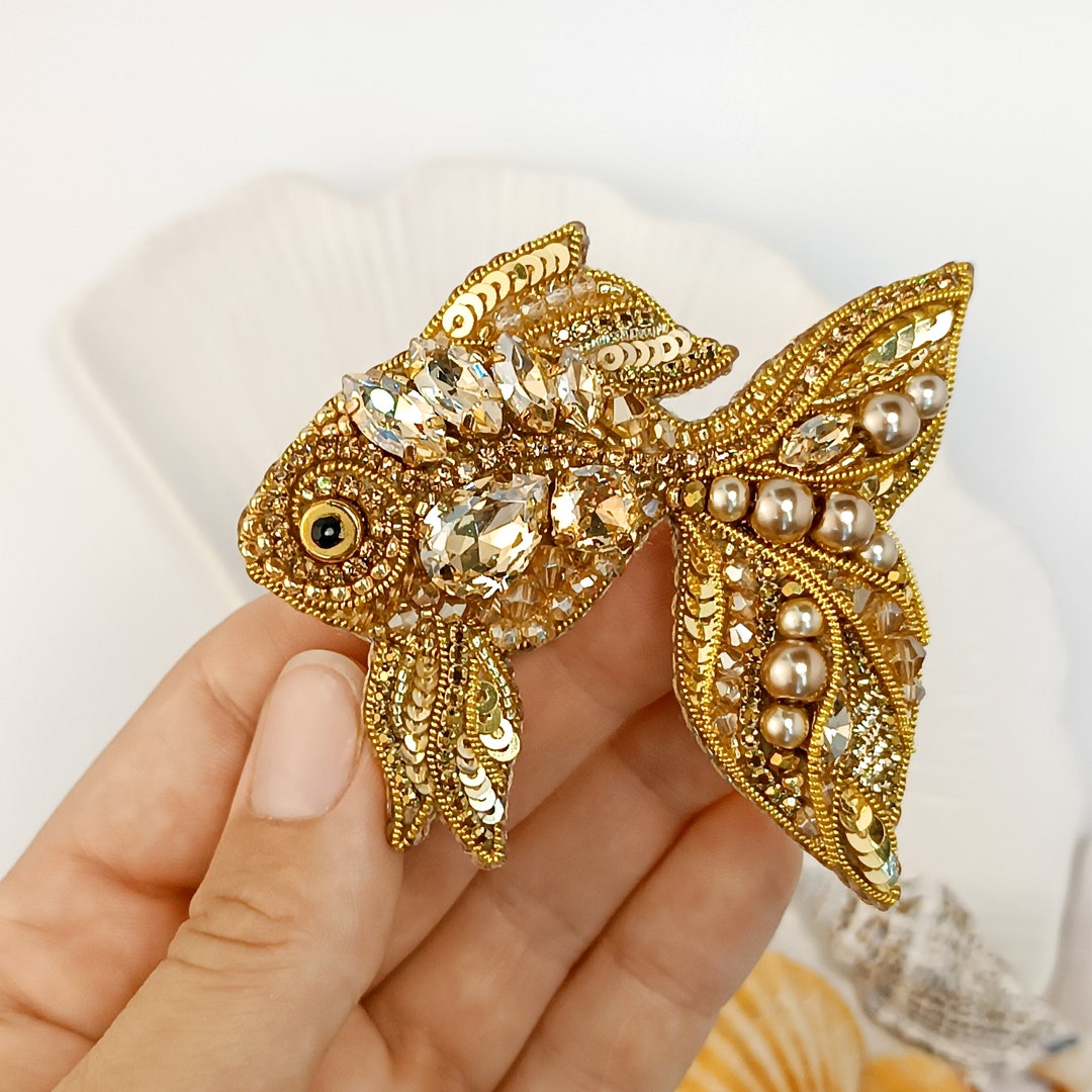 Handmade Beaded Goldfish Brooch, Embroidered Sea Jewelry, Ocean ...