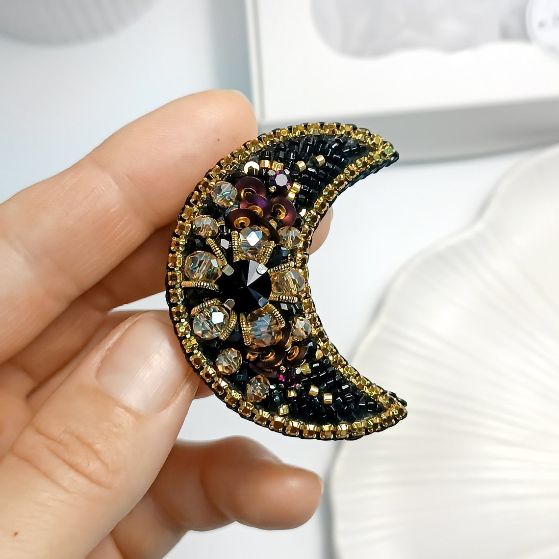 Embroidered Moon Brooch, Handmade Celestial Jewelry, Unique Beaded ...