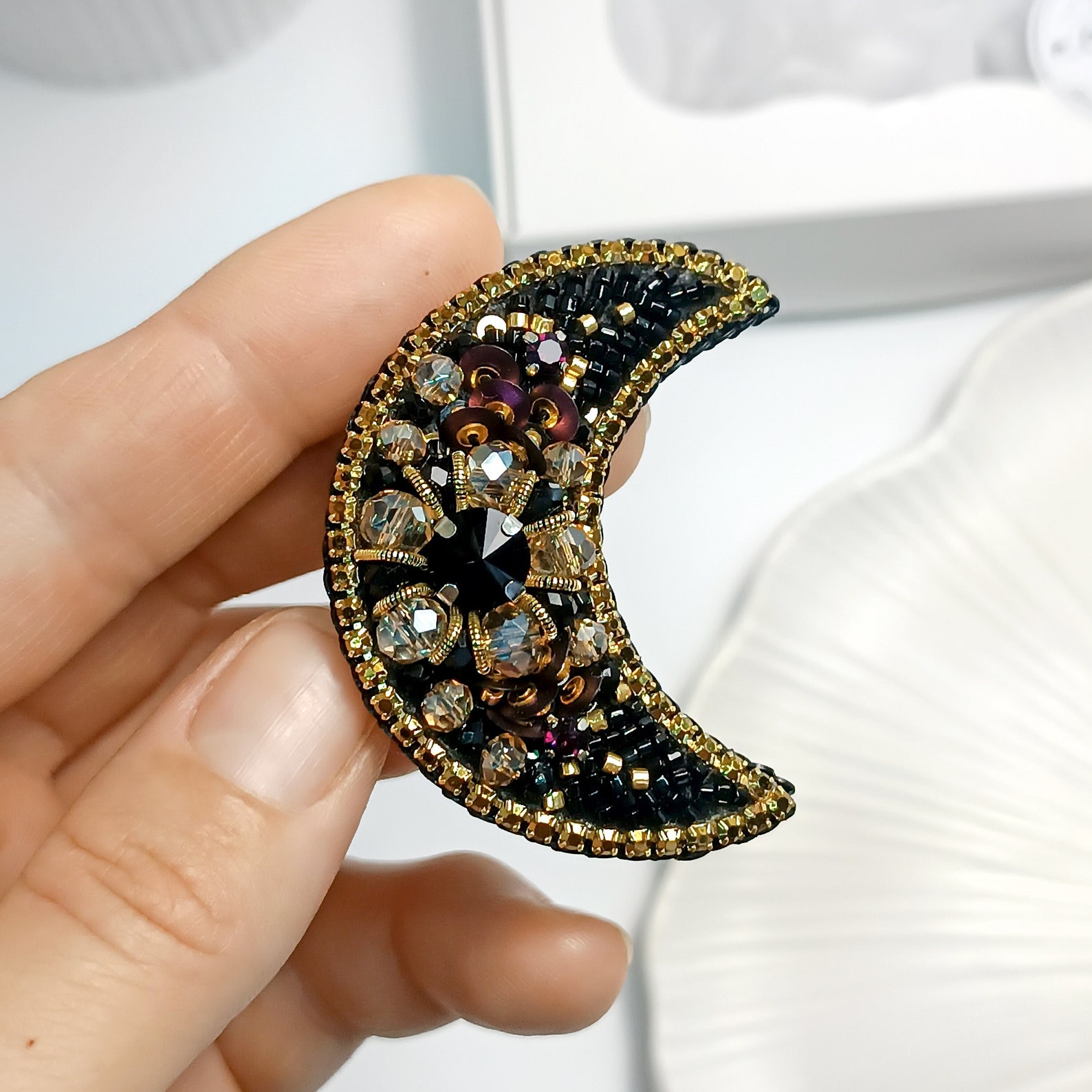 Embroidered Moon Brooch, Handmade Celestial Jewelry, Unique Beaded ...