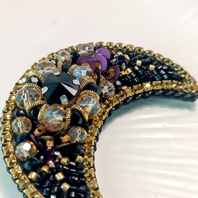 Embroidered Moon Brooch, Handmade Celestial Jewelry, Unique Beaded ...